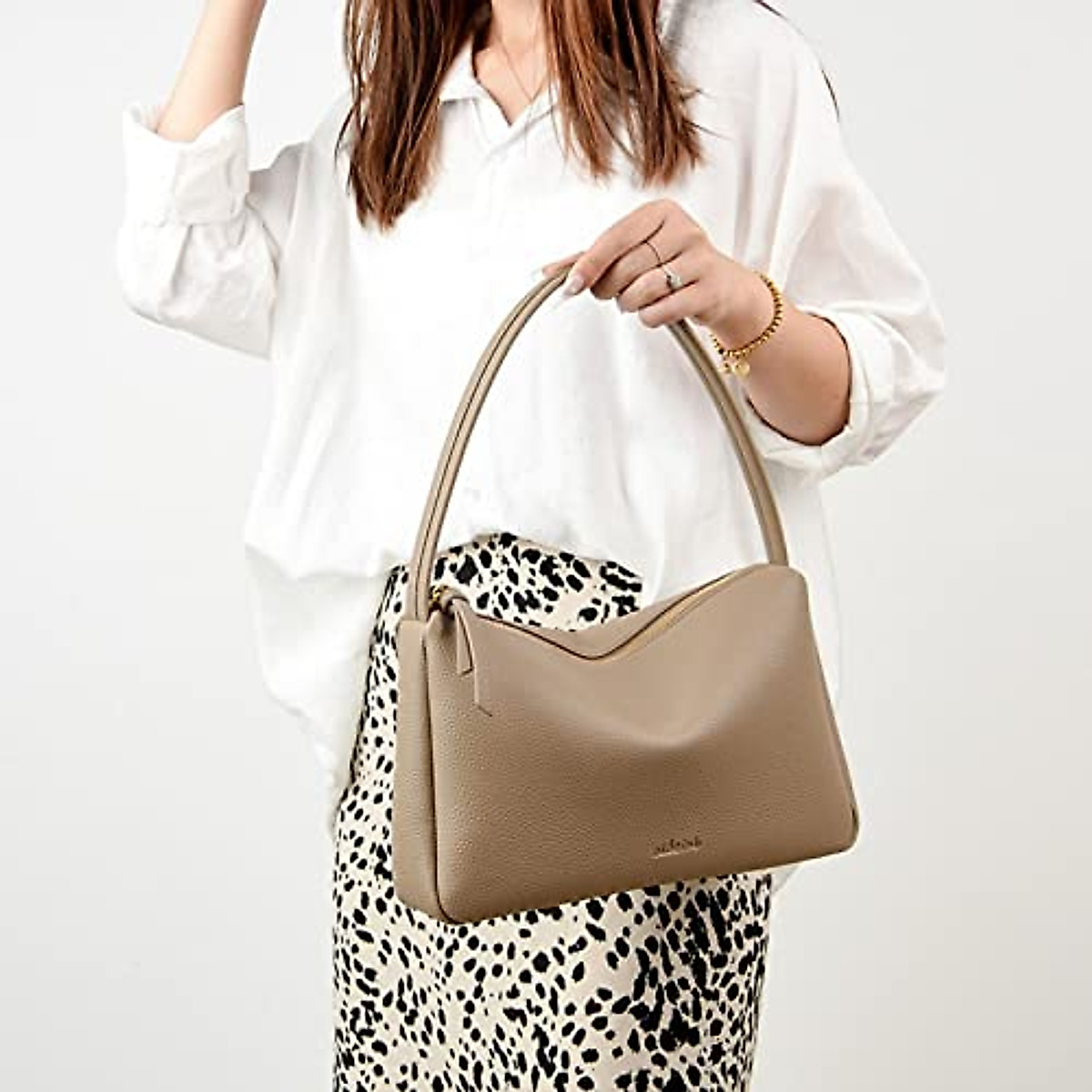 Minimalist Women Shoulder Noble Litchi Grain Leather Handbags and Purses Ladies Tote Bag Khaki