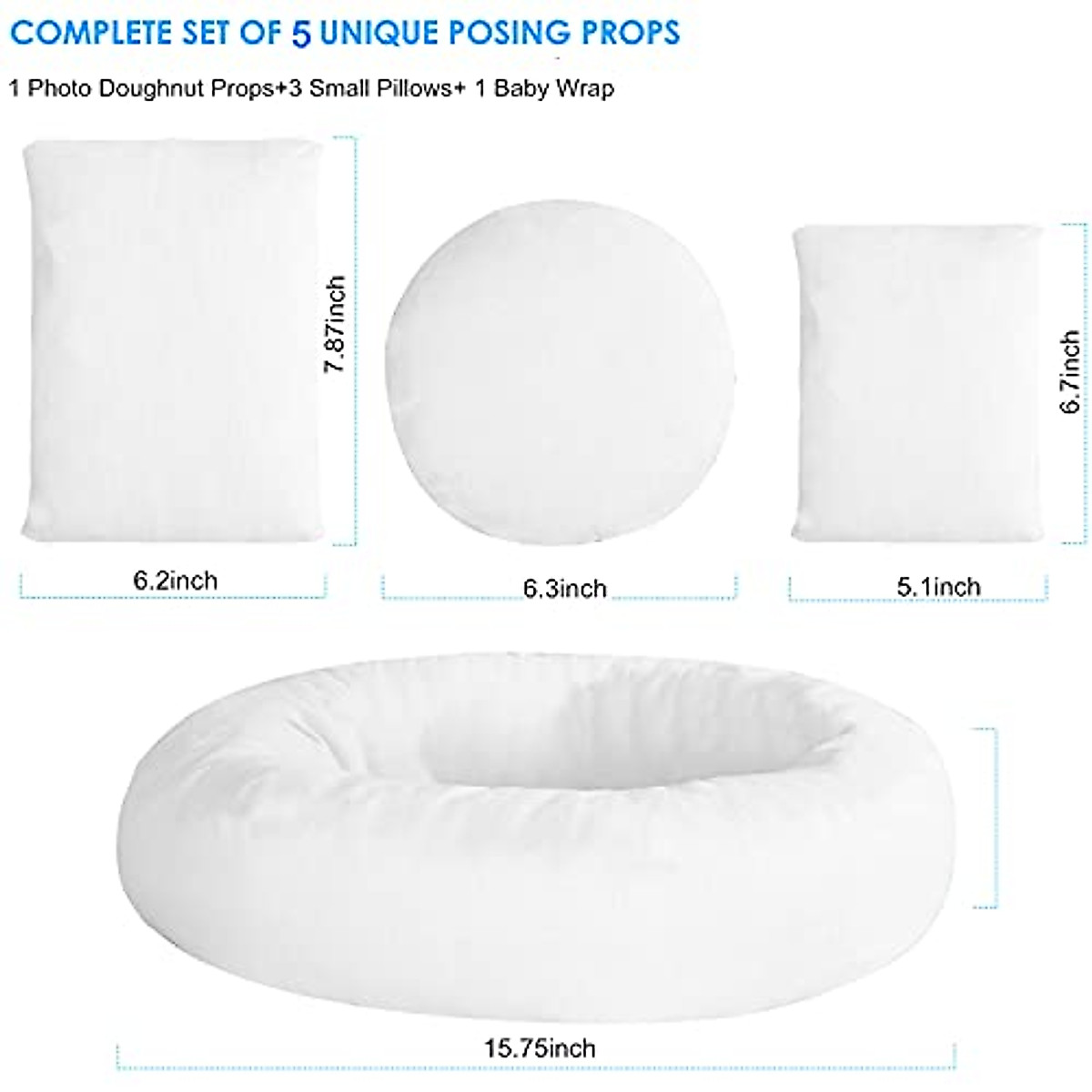 Newborn Photography Props, SPOKKI 5PCS Baby Photoshoot Set with Photo Donut, Pillow and Infant Long Ripple Wrap Props for Boy Girl Princess Twins Birthday Party (A)