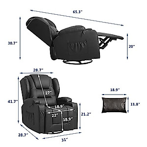 VUYUYU Manual Recliner Chair, Faux Leather 360 Degree Swivel Rocker Recliner Chairs for Living Room, Home Theater Single Sofa Seat with Drink Holders/Lumbar Pillow/Side Pockets (Black) XP7066