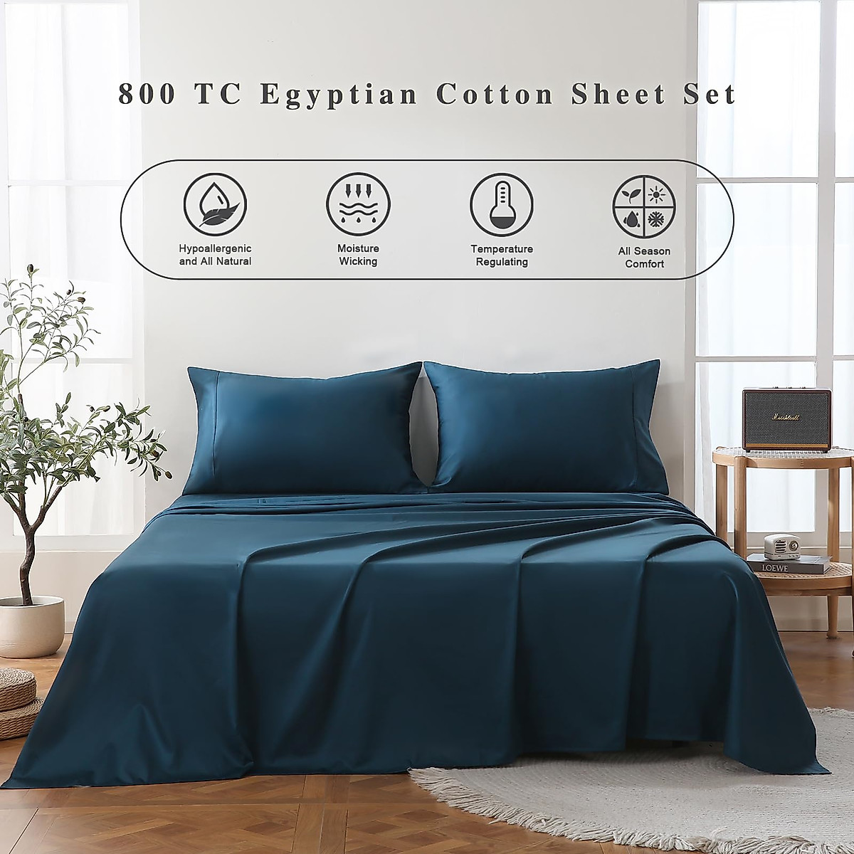 Bedlifes 800 Thread Count 100% Egyptian Cotton Sheets Queen Size-Cooling Sheets Soft Breathable Sateen Weave Luxury Hotel Sheets-16 Deep Pocket 4Piece (Queen,Navy Blue)
