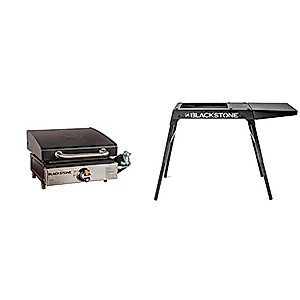 Blackstone 1814 Stainless Steel Propane Gas Portable & 12,000 BTUs, 17 Inch, Black & Universal Griddle Stand with Adjustable Leg and Side Shelf - Made to fit 17-or 22-Propane Table Top Griddle (Black)