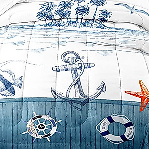 Suncloris Nautical Sailboat Comforter Set for Kids and Adults, Queen Size Anchor Rudder Themed Bedding Comforter with 2 Coastal Ocean Plant Patterned Pillowcases - 90"x90" (Queen, Dark Blue)