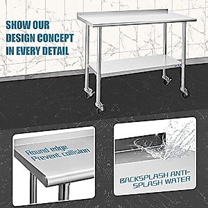 Hally Stainless Steel Table for Prep & Work 24 x 48 Inches with Caster Wheels, NSF Commercial Heavy Duty Table with Undershelf and Backsplash for Restaurant, Home and Hotel