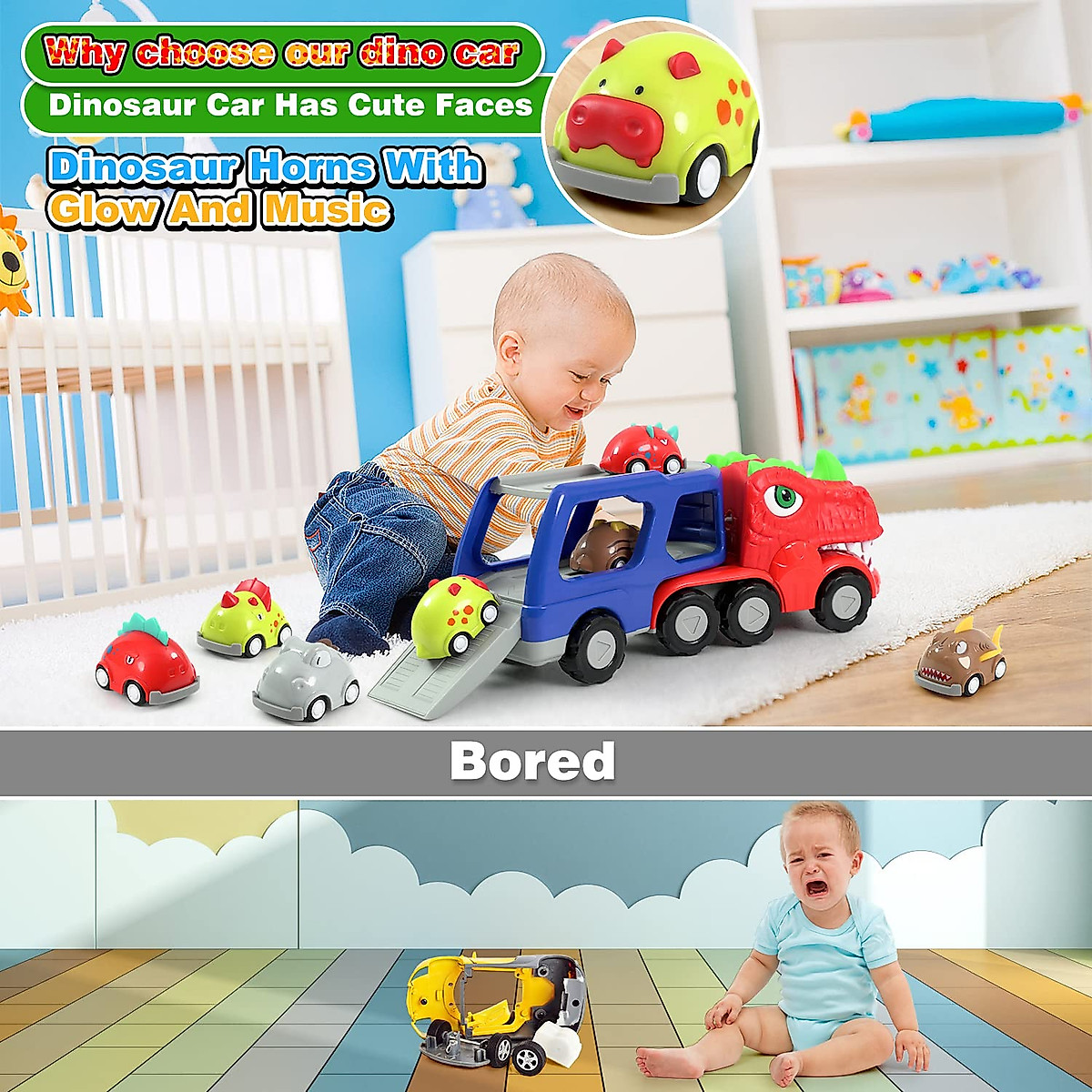DUKASOU Dinosaur Truck Toddler Toys Car for Boys 3-5, Dinosaur Transport Carrier with 7 Pull Back Dino Car&amp; Light Music for Kids Age 3 4 5 6 Gift, Birthday Party for Boys Girls 3-8