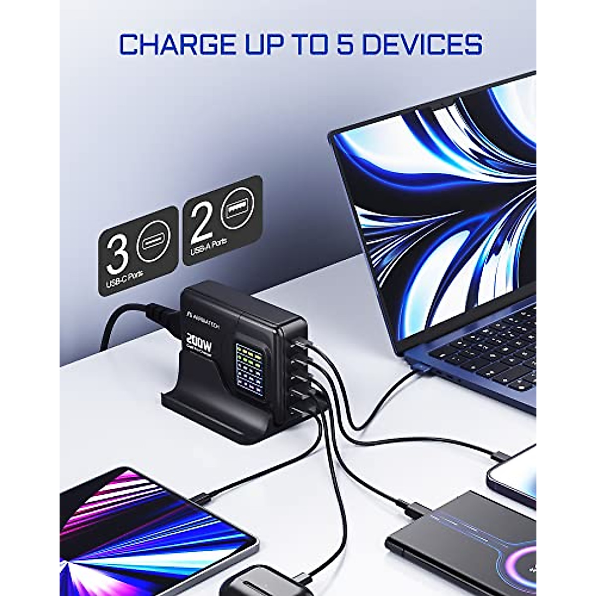 200W USB C Charger, Aergiatech Desktop 5-Port PD 100W Type C 65W PPS GaN Charger Fast Charging Station with LCD Display, Laptop Power Adapter for MacBook Pro/Air iPhone 14 Pro Max, Samsung Galaxy