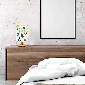 IEINTABRWNER Boho Bedside Table lamp Dinosaur Cute Kids colllection Set Little Cute Dinos Baby Dino Solid Wooden Base Flaxen Fabric Shade Nightstand Lamps for Bedroom Boy's Room Desk Light 5.5x11in