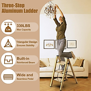 hismocal Foldable 3 Step Stool for Closet/Kitchen-Aluminium Gold Step Ladder Steps Stools, Folding 330lbs Lightweight Ladders with Anti-Slip Wide Pedal, Portable Kids/Adults Ladder