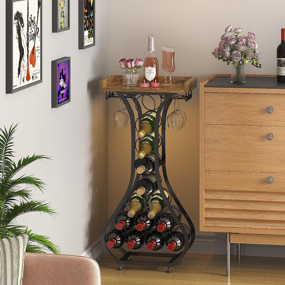 14 Bottles Wine Rack Console Table Freestanding Floor Wine Storage Organizer with Glass Holder Adjustable Feet Wood Top 35.4" H