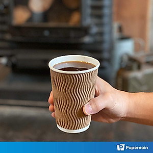 Papernain [16 oz, 60-Count, Brown Hot Paper Disposable Ripple Insulated Wall Cups…