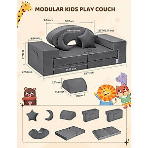 Modular Kids Play Couch, Kidirect K12 PRO DIY 400+ Creative Kids Couch for Playroom, Upgraded Play Couch Convertible Rocking Horse, Sectional Kids Sofa Couch with Star Moon for Kids and Toddlers(Grey)