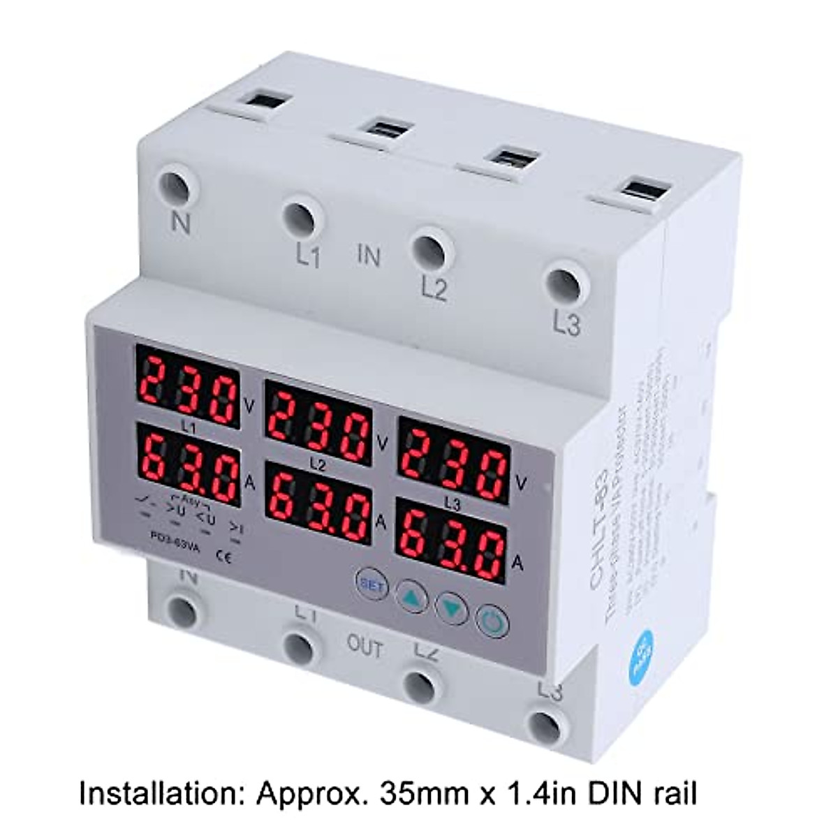 Fewb Digital 3 Phase DIN Rail Voltmeter Ammeter, AC 390‑500V Electricity Usage Monitor Power Meter Voltage Amps Watt Kwh Frequency Power Factor Meter Multimeter Current Power Tester(63A)