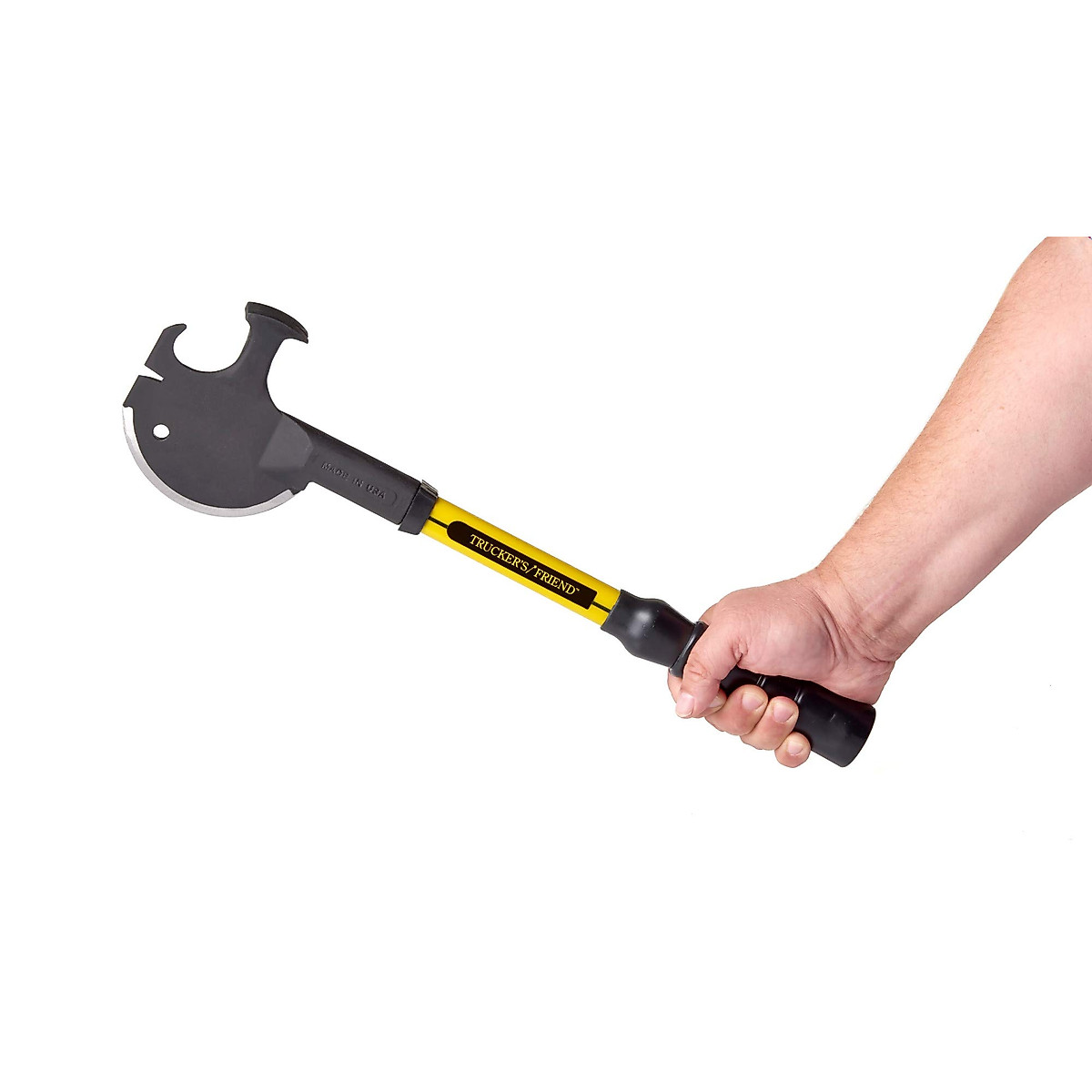 Off Grid Tools Pro Trucker’s Friend – Yellow, Carbon Steel Blade, Shock Absorbing Grip, All-Purpose Multitool, Made in USA, Curved Axe Head, Hammer, Pry Bar, Nail Puller