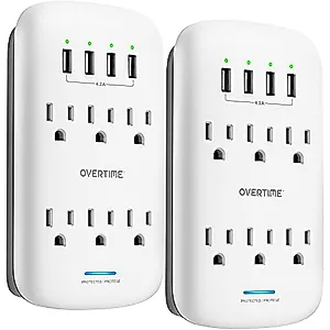 6 Outlet Extending Surge Protector, Multi Outlet Extender Wall Adapter with 4 USB Fast Charging Ports, 6 AC Outlets, Phone Mount, 1200J Surge Protection, ETL Certified (2-Pack, White)