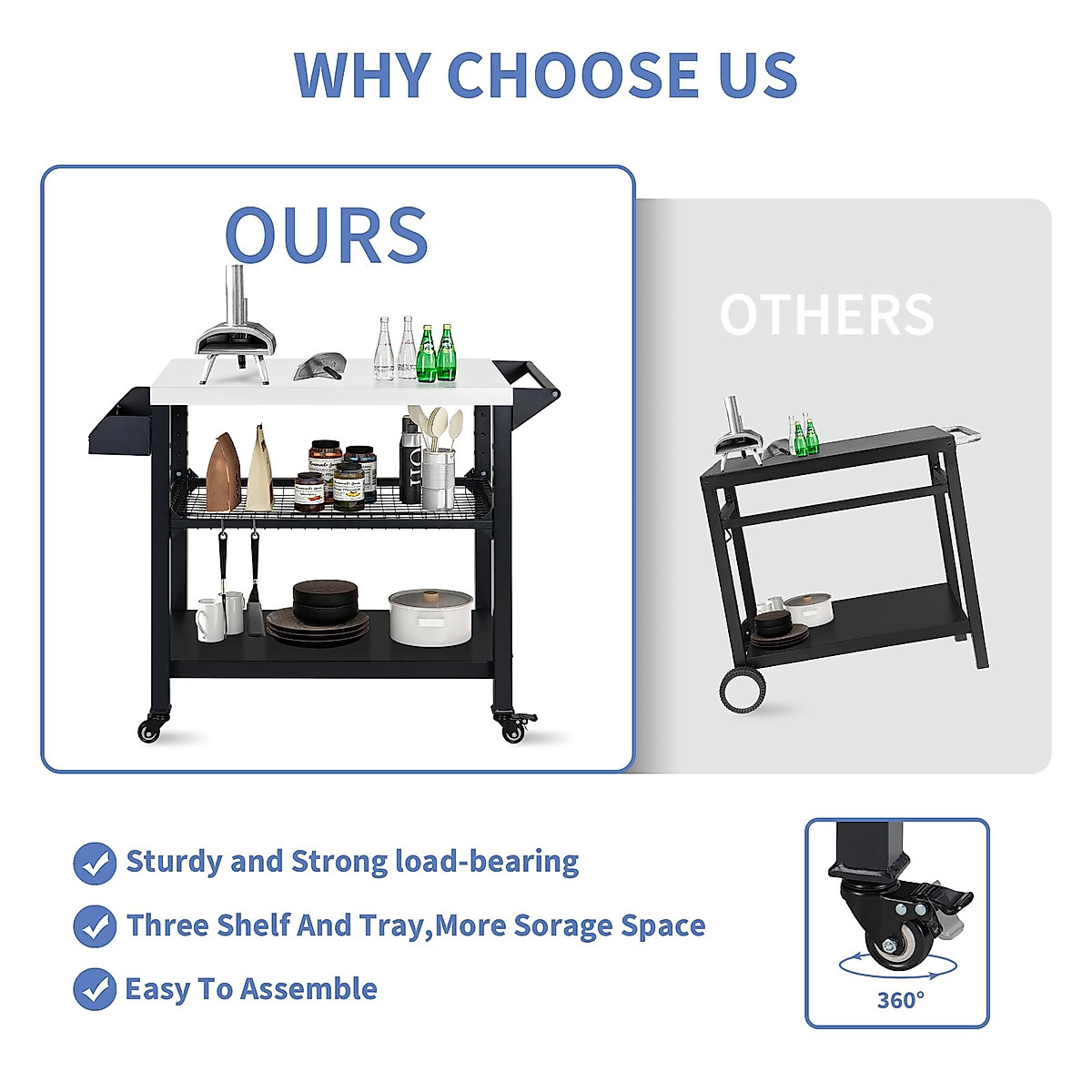 Polar Aurora Three-Shelf Movable Outdoor Grill Cart Pizza Oven Stand, Multifunctional Kitchen Food Prep Table with Drawer, Stainless Steel Desktop Dining Worktable on 4 Wheels & Seasoning Tray