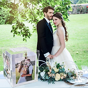 OurWarm Acrylic Wedding Card Box with Picture Frame for 8x10 Photos, Large Rotatable Envelope Post Money Gift Box Holder with Lock Slot for Reception Anniversary Graduation Birthday Party Baby Shower