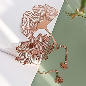 2 Pcs Hollow Metal Bookmarks Retro Flowers Leaves Reading Markers with Chinese Knot Tassel for Students Teachers Gift Giving Rose Gold Lotus Ginkgo