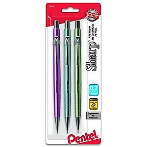 Pentel Sharp Mechanical Pencil (0.7mm) Metallic Barrels, Assorted Colors (MP1/MS/MK1), 3-Pk (P207MBP3M1)
