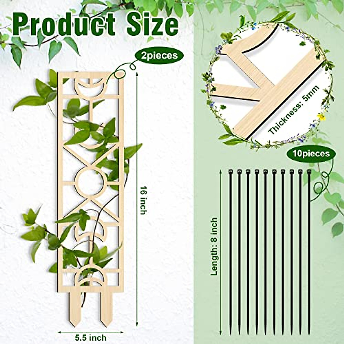 Yalikop 2 Pieces Wooden Small Indoor Trellis Plant Trellis Climbing Plants Hexagon Trellis Potted Plants Trellis Vine Supports Garden Trellises 10 Pieces Black Cable Ties Plant (Moon)