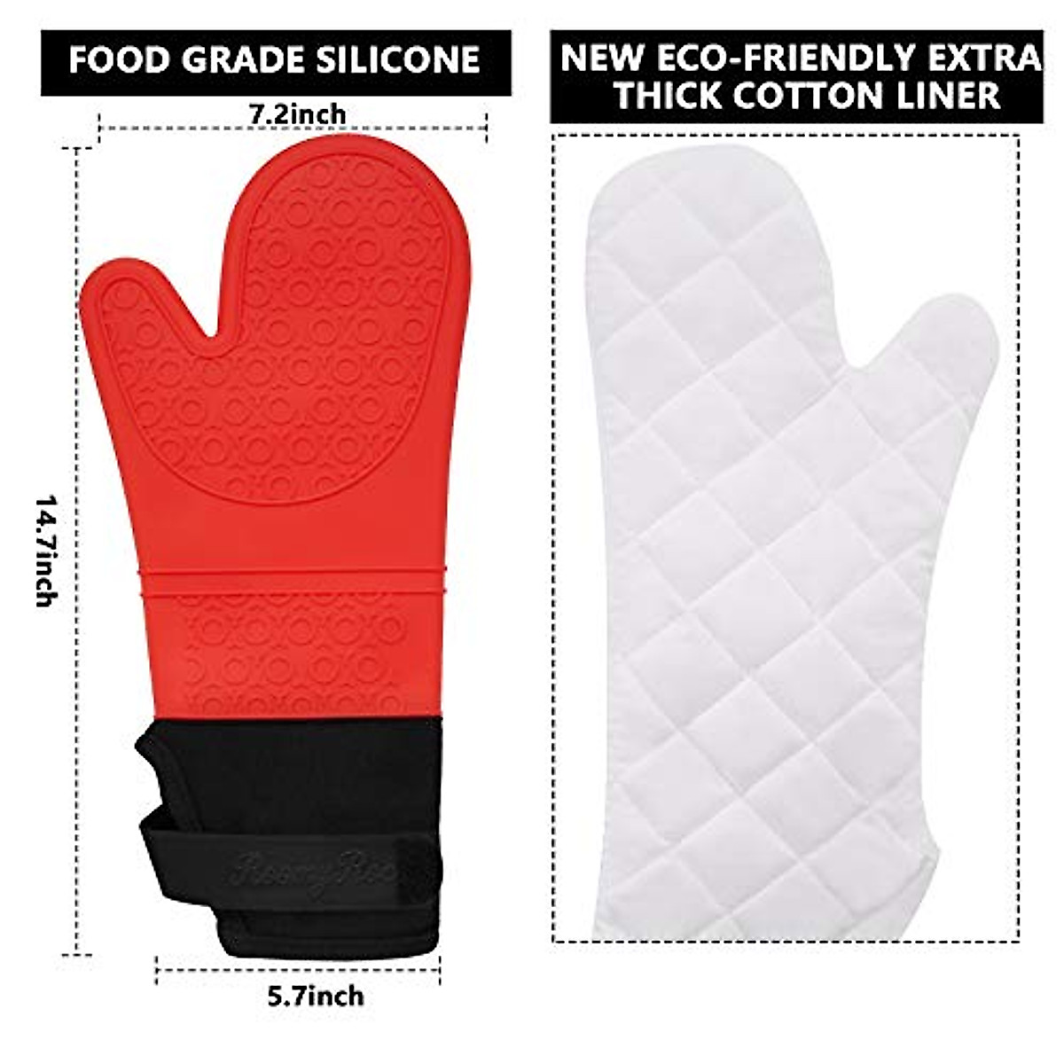Silicone Oven Mitts with Adjustable Cuff, RoomyRoc Oven Mitt with Non-Slip Grip and Thicker Liner, Heat Resistant Pot Holders, Extra Long Professional Soft Flexible Oven Gloves, Red, 1 Pair, 14.7 Inch