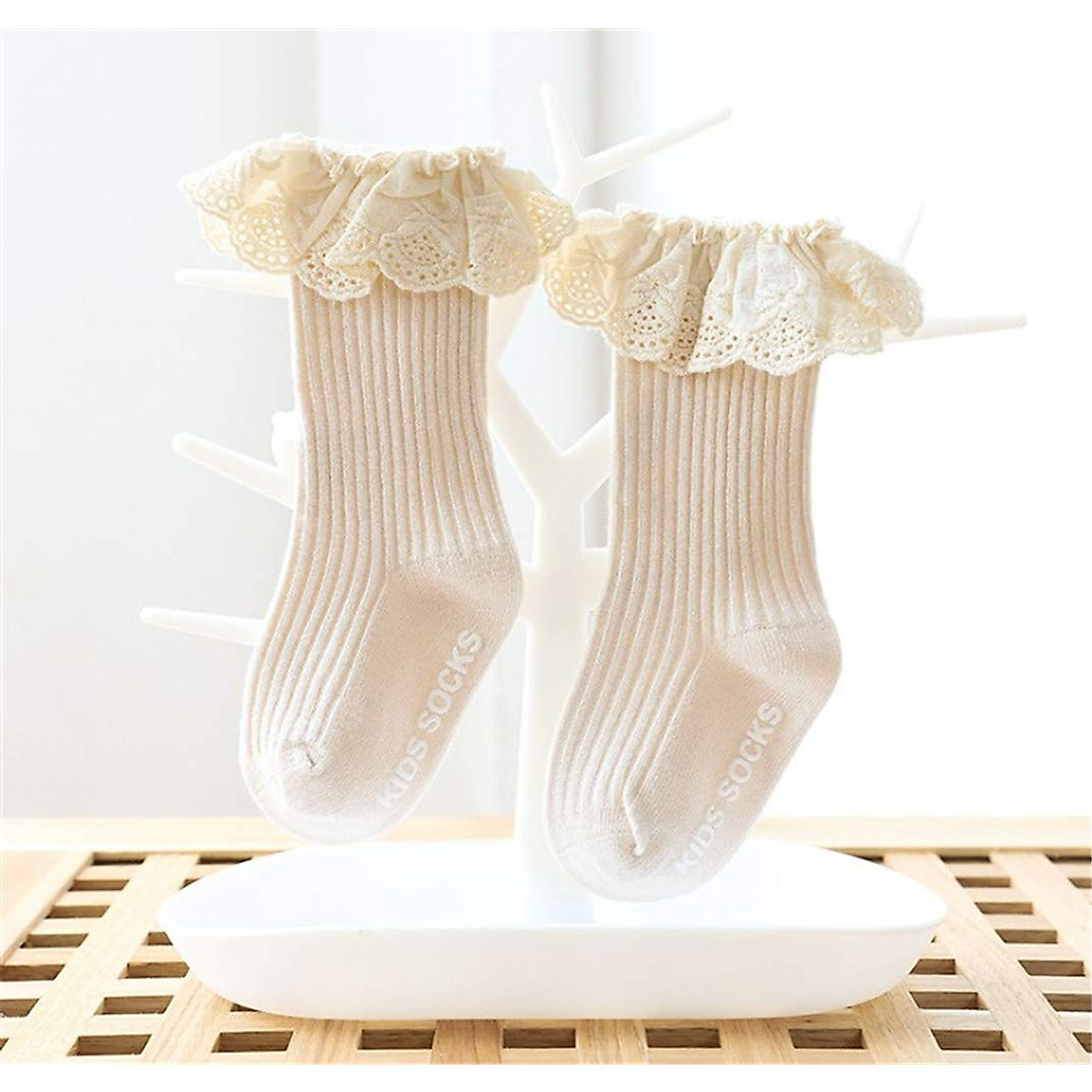 N / D Newborn Toddler Kids Baby Girls Infant High Knee Knitted Socks Cute Ruffle Lace Long Stockings Fall Winter (Beige White, 0-1 Years)