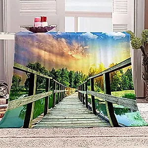 NARBOR Soft Fleece Throw Blanket - Fluffy Microfiber Solid Blankets for Bed and Couch Double/Single Size - 59X79Inch Lake Wooden Bridge Landscape Printed Flannel Blanket for Bed, Couch and Sofa