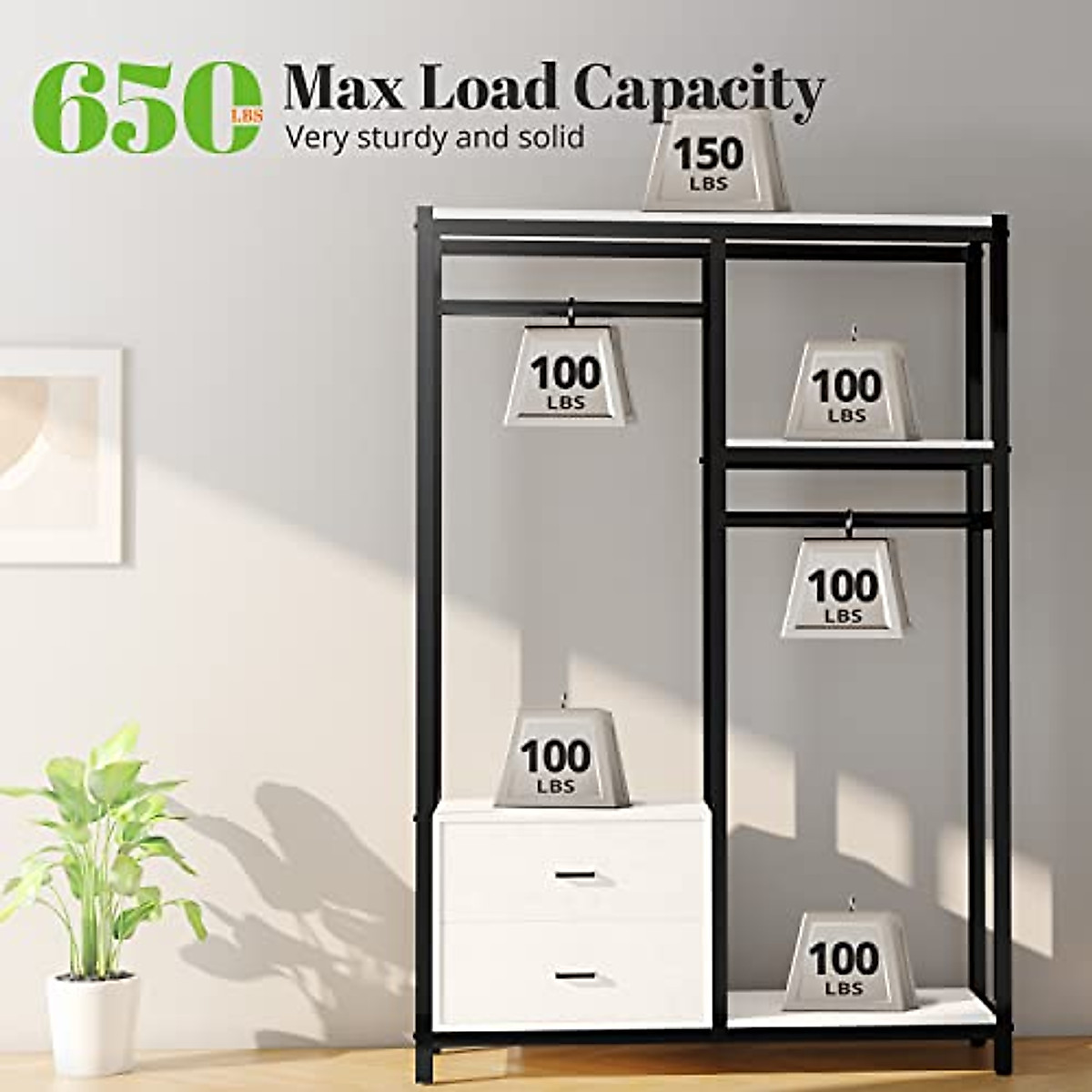 HOKEEPER 650lbs Freestanding Closet Organizer with Drawers and Shelves Heavy Duty Metal Wardrobe Closet Storage Shelves for Hanging Clothes Clothing Garment Rack Closet with Shelves for Bedroom White