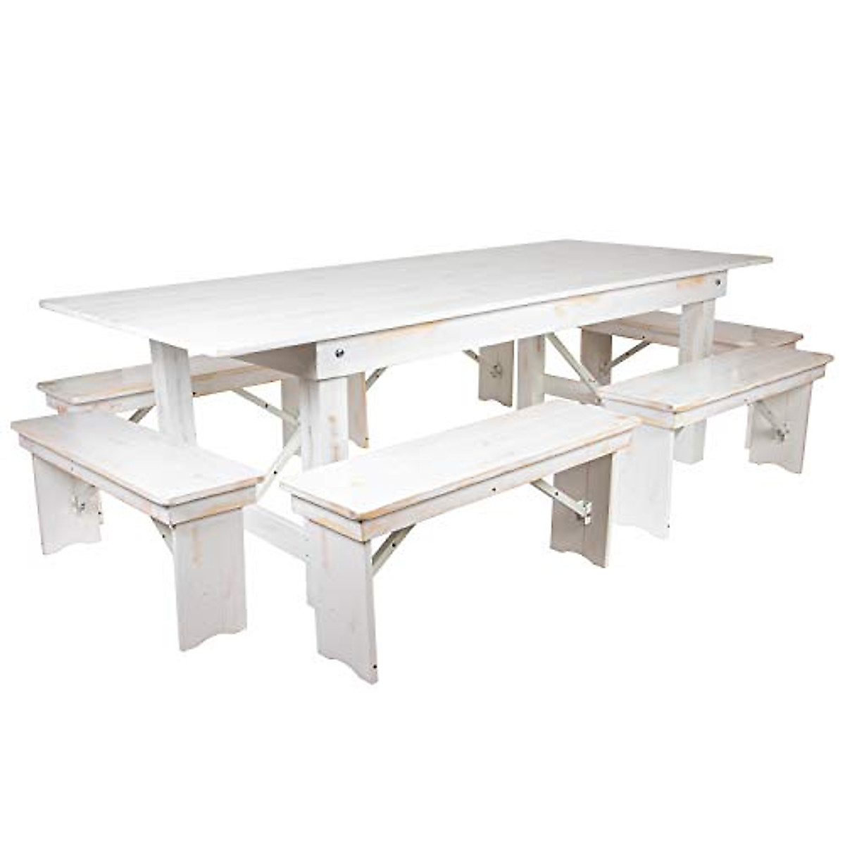 Flash Furniture HERCULES Series 8' x 40" Antique Rustic White Folding Farm Table and Six Bench Set