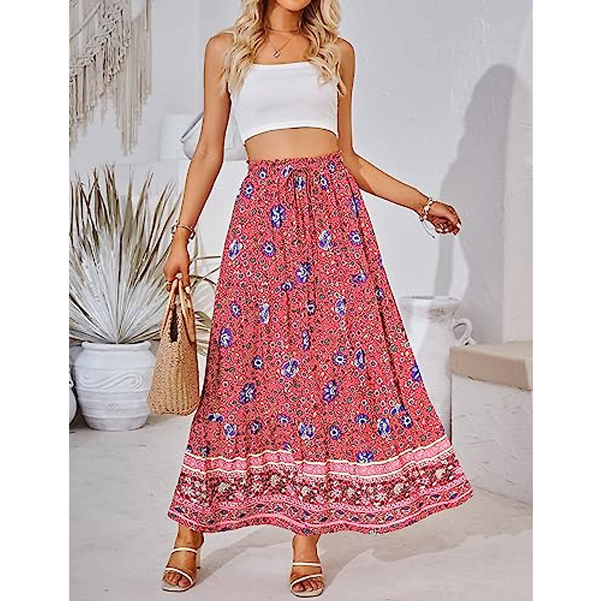 ZESICA Women's 2025 Summer Bohemian Floral Printed Elastic Waist A Line Maxi Skirt with Pockets,Floral Red,Small