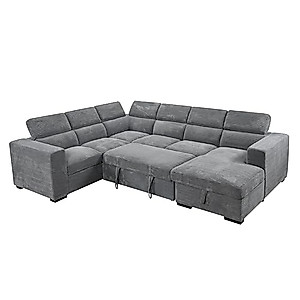 THSUPER Corduroy 123" Oversized U Shape Sectional Sleeper Sofa with Pull Out Bed, 7-Seats Sleeper Sectional Sofa with Storage Chaise and Adjustable Headrest for Living Room - Dark Grey