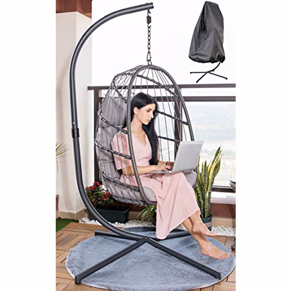 MOJIA Egg Chair with Stand and Oxford Cover, 450lbs Capacity Patio Wicker Hanging Swing Chair Indoor Outdoor with UV Resistant Cushion and Foldable Seat Basket
