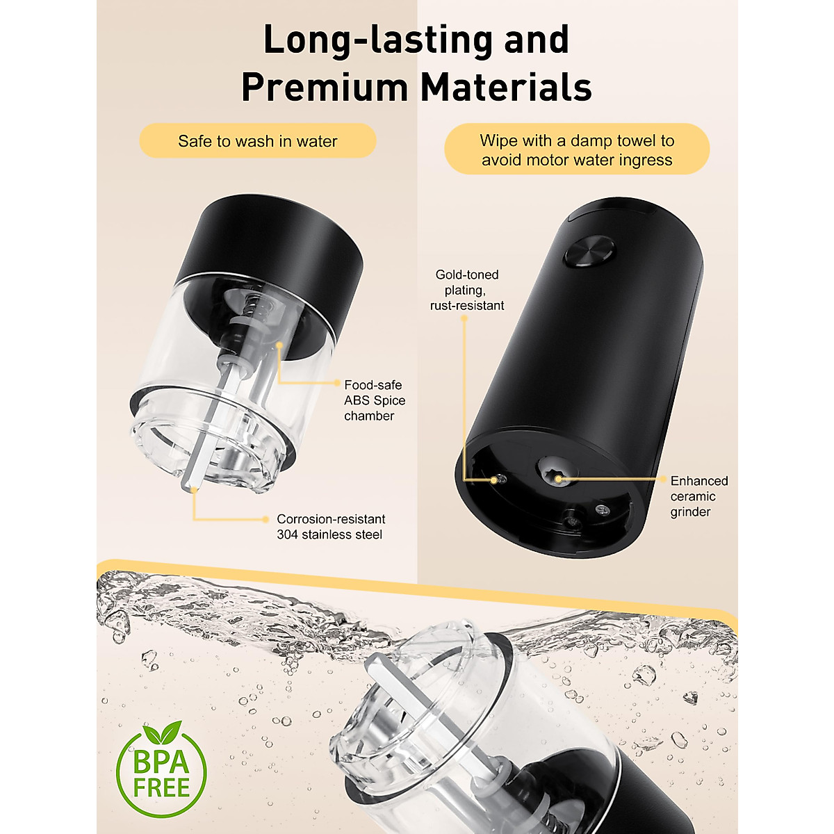 Electric Pepper Grinder or Salt Mill, Battery Powered Automatic Pepper Mill, Ceramic Grinder with Adjustable Coarseness, LED Light, and Salt Mill Refillable, One Hand Operation