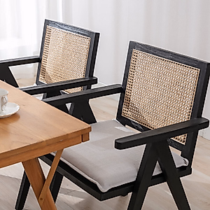 Guyou French Rattan Woven Dining Chairs Set of 6, Upholstered Dining Room Arm Chairs with Cane Back Mid Century Retro Side Chairs (Black Finish and Cream Fabric)