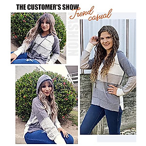 SHEWIN Womens Striped Color Block Lightweight Knit Hooded Sweater Casual Long Sleeve V Neck Drawstring Hoodies Pullover Sweatshirt Fall Outfits for Women,US 16-18(XL),Light Grey