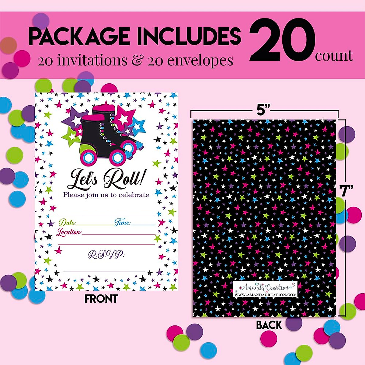 Let’s Roll Star Roller Skating Birthday Party Invitations, 20 5x7 Fill In Cards with Twenty White Envelopes by AmandaCreation
