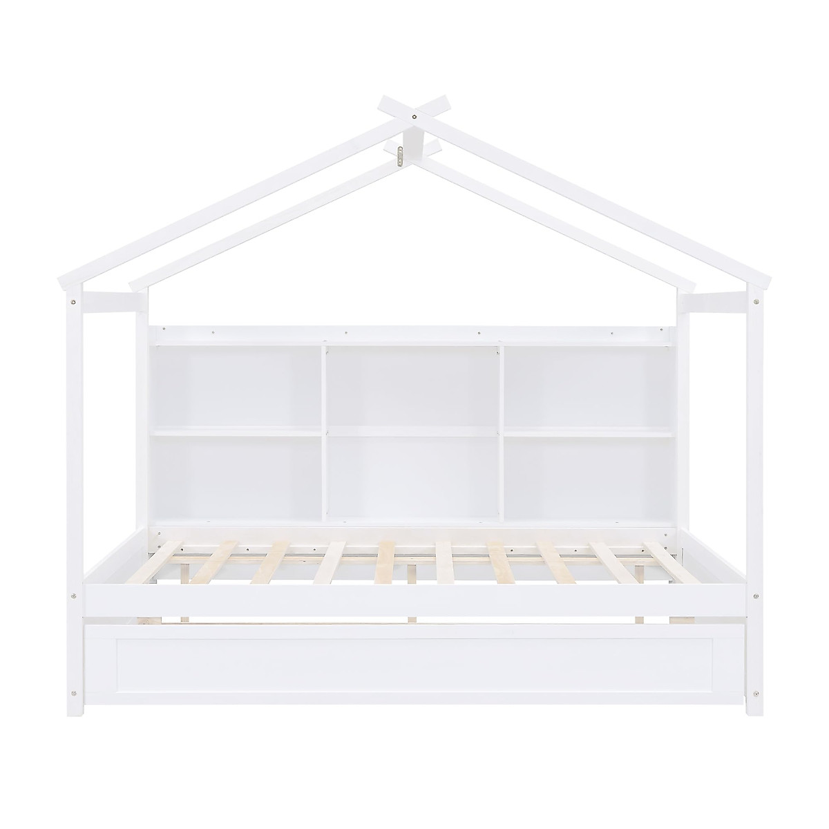 Harper & Bright Designs Full Size House Bed with Trundle, Wood Full House Bed with Storage Shelves, Full Montessori Bed for Kids with Roof for Girls, Boys,Brushed White