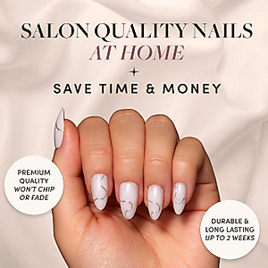 Glamnetic Press On Nails - Silent Night | Short Almond White Nails with 3D Silver Foil in a Glossy Finish | 15 Sizes - 30 Nail Kit with Glue