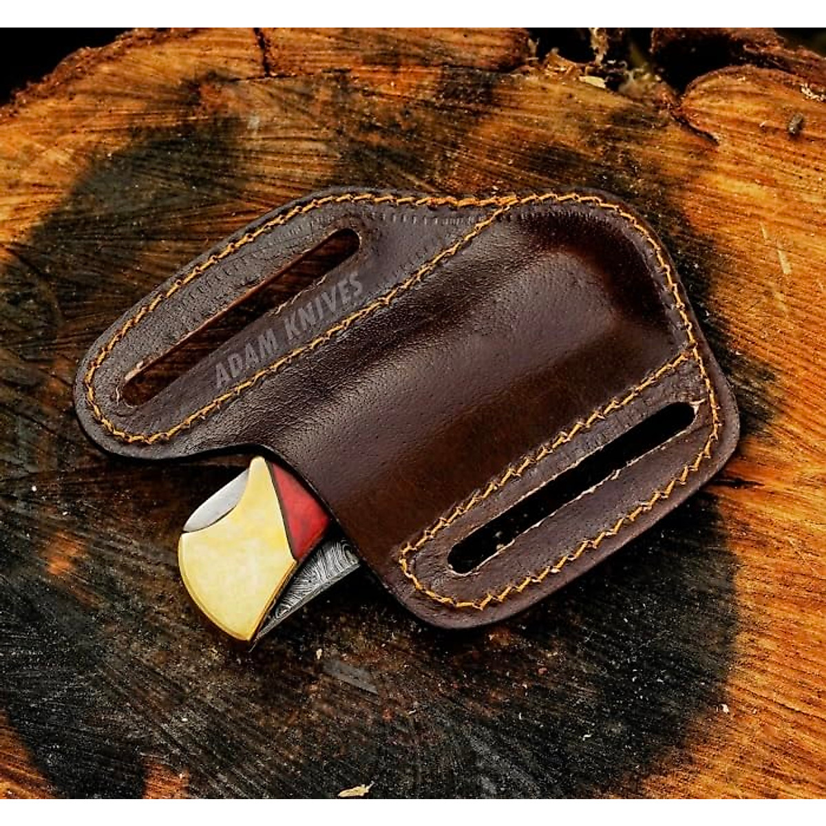 ADAM KNIVES Leather Pocket Knife Sheath For Belt, Slanted Sheath, Tooled Leather Sheath, Beautiful Folding/Trapper Knife Leather Cover 100% Real Leather (Dark Brown)