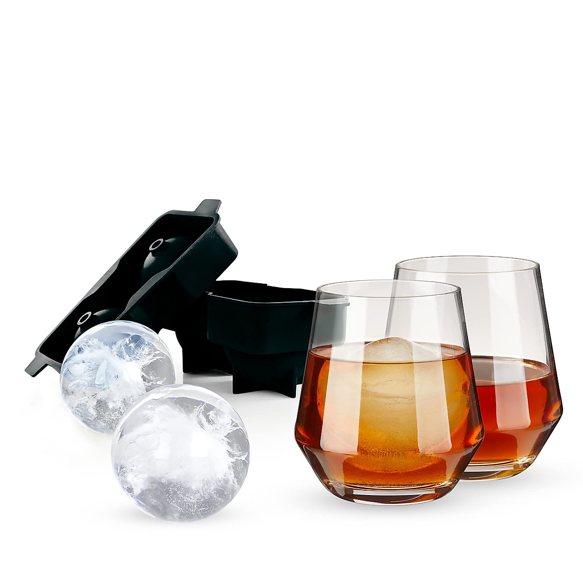 True Whiskey Glass & Ice Sphere Set, 2 Whiskey Tumblers, 1 Ice Sphere Mold, Bourbon Glass Set, cool gadgets for men, ice mold, rocks glasses, cocktail set