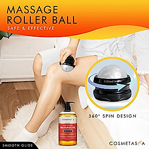 Natural Nourishing Massage Oil with Massage Roller Ball- Coconut & Citrus- Non Greasy, with Therapeutic Rejuvenating, Hydrating & Aromatic Essential Oils for Dry Skin, Soothes Muscles & Joints 8.8 oz