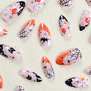 Halloween Acrylic Press on Nails Almond Shape Fake Nails Short Full Cover Glue on Nails Halloween Stick on Nails Cute Ghost Pumpkin Bat False Nails with Designs Halloween Pink&Black Manicure Art 24Pcs