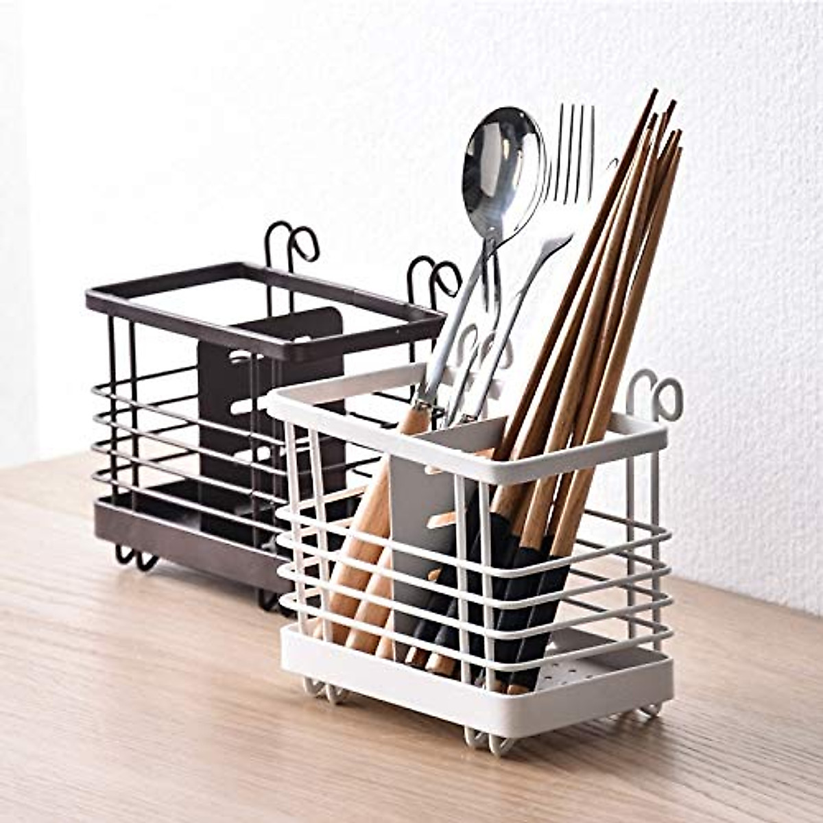 ZSQAI Hanging Spoon Chopsticks Fork Iron Storage Basket Kitchen Rack Cutlery Holder Cutlery Stand Countertop Shelf Rack Holder (Color : White)