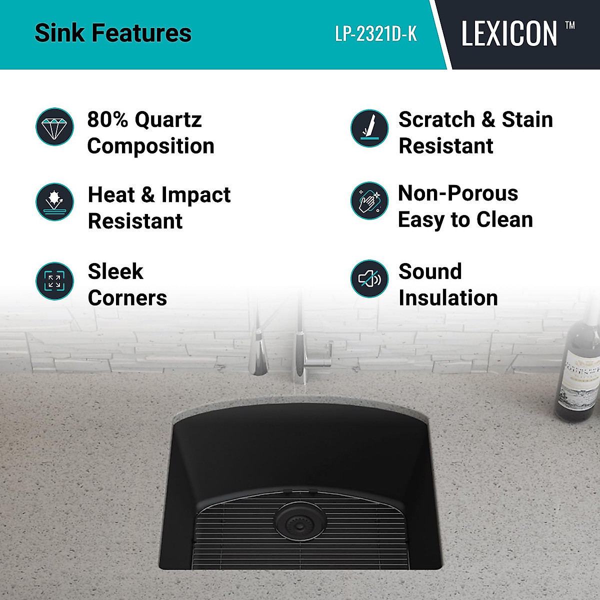 23" x 21" Quartz Kitchen Sink,D-Shaped, Single Bowl Kitchen Sinks, Drop in Kitchen Sink, Granite Composite Kitchen Sink, Undermount Sink, Galaxy black kitchen sinks, with Grid, Strainer, LP-2321D-K