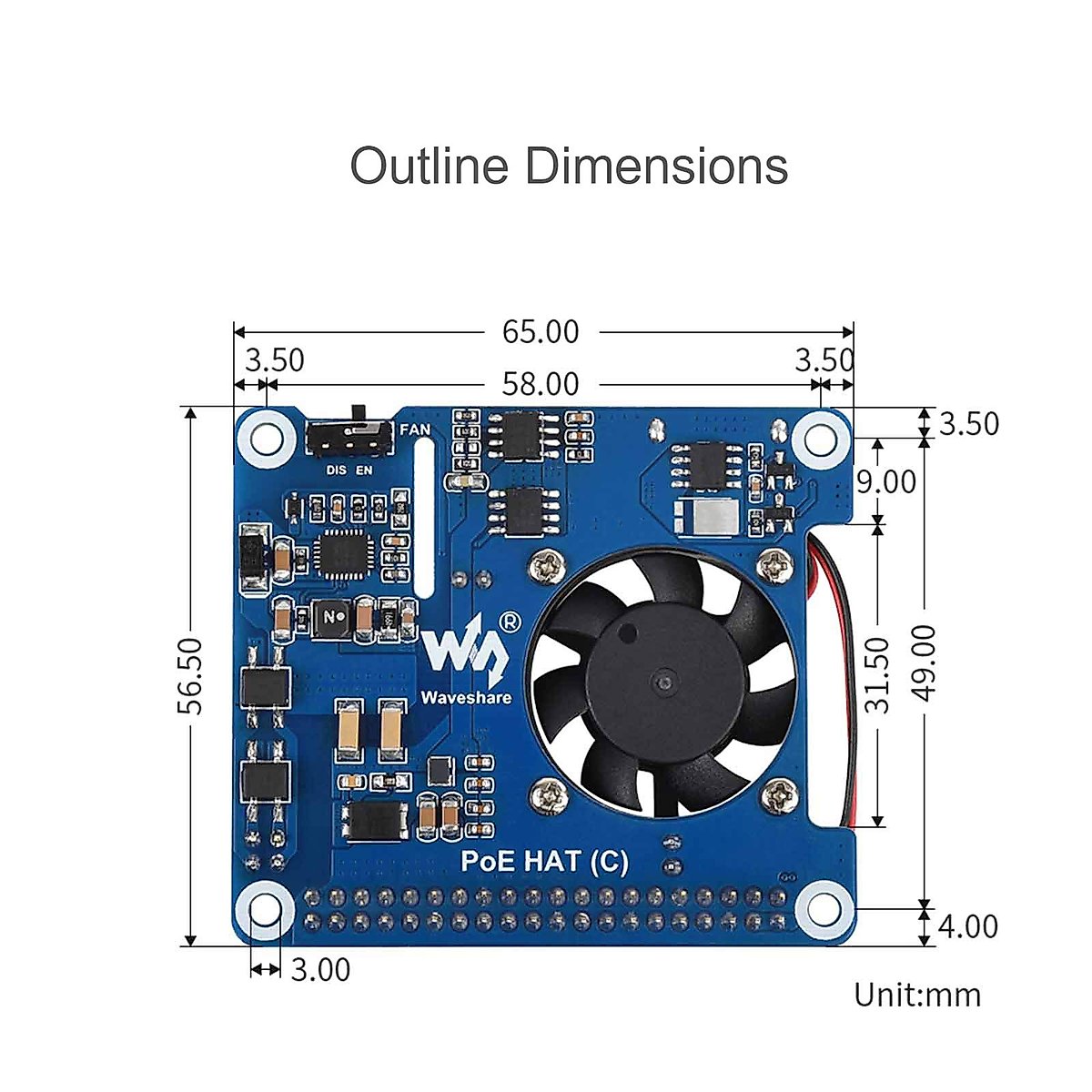 waveshare Power Over Ethernet (PoE) HAT for Raspberry Pi 4B/3B+, 802.3af/at PoE Network Standard, 5V USB-A&12V Header Outputs, PoE HAT Onboard Cooling Fan and MP8676 Buck Chip, Isolated