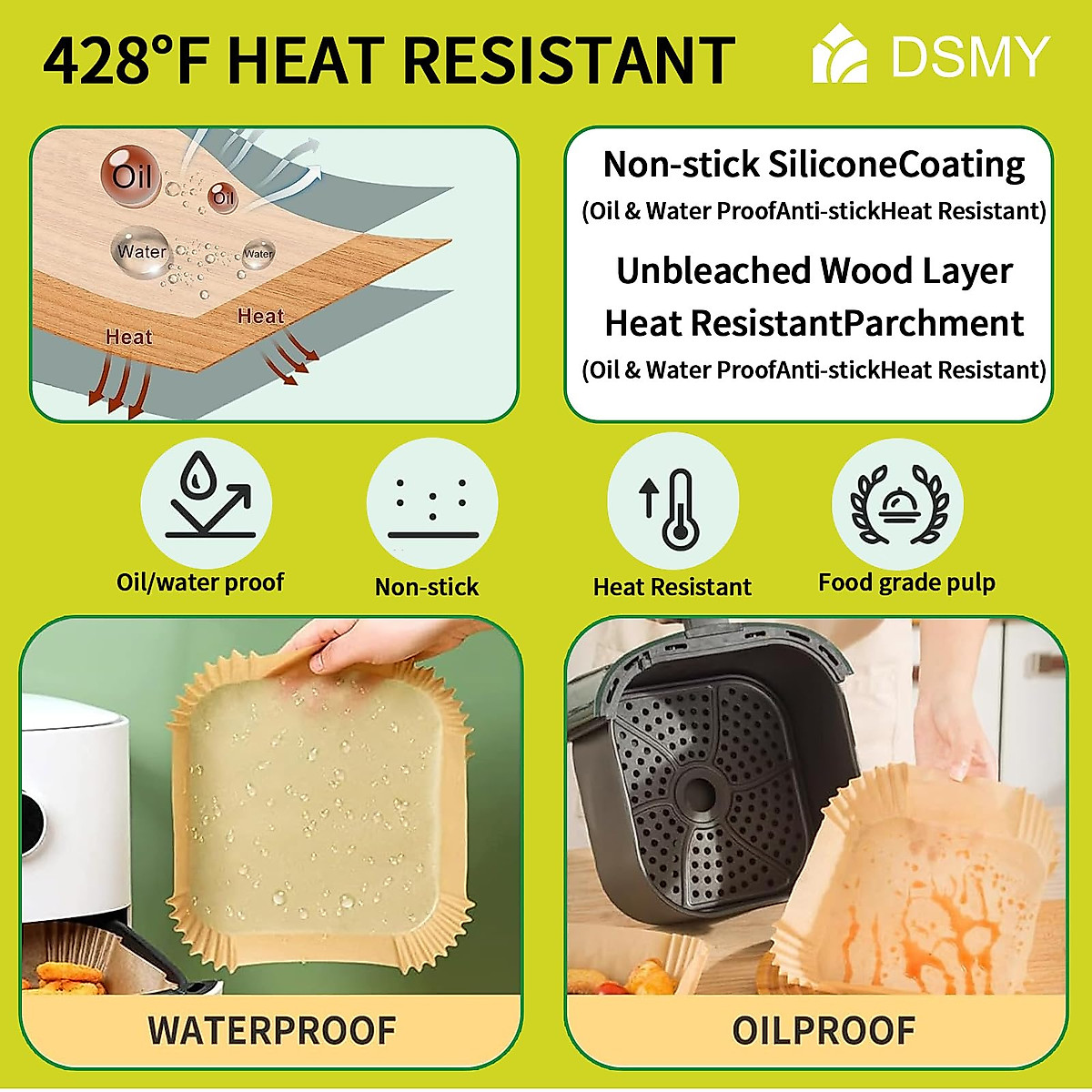 DSMY 150 PCS Air Fryer Disposable Paper Liners,8 Inch Square Parchment Disposable Paper Liner for 5-8QT Air Fryer,Baking, Roasting and Microwave, Non-Stick Airfryer Accessories