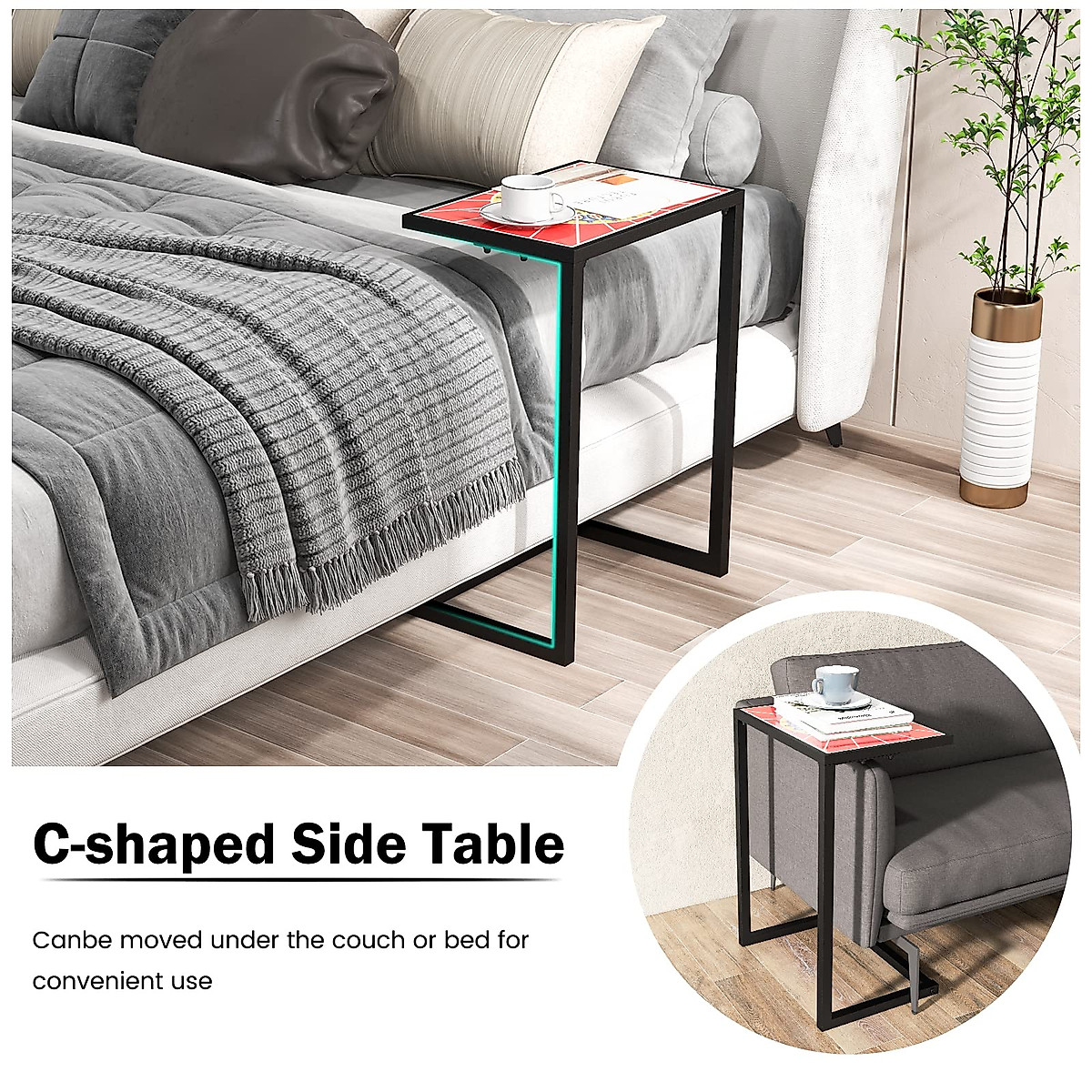 Tangkula C-Shaped Outdoor Side Table, Patio Snack Table w/Ceramic Top & Anti-Rust Metal Frame, Small End Table for Couch, Sofa & Bed, Outdoor & Indoor Accent Table for Living Room, Poolside, Balcony