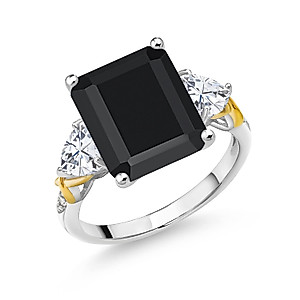 Gem Stone King 925 Silver and 10K Yellow Gold Black Onyx Moissanite and Diamond 3 Stone Ring For Women (6.73 Cttw, Gemstone December Birthstone, Emerald Cut 12X10MM, Available In Size 5, 6, 7, 8, 9)