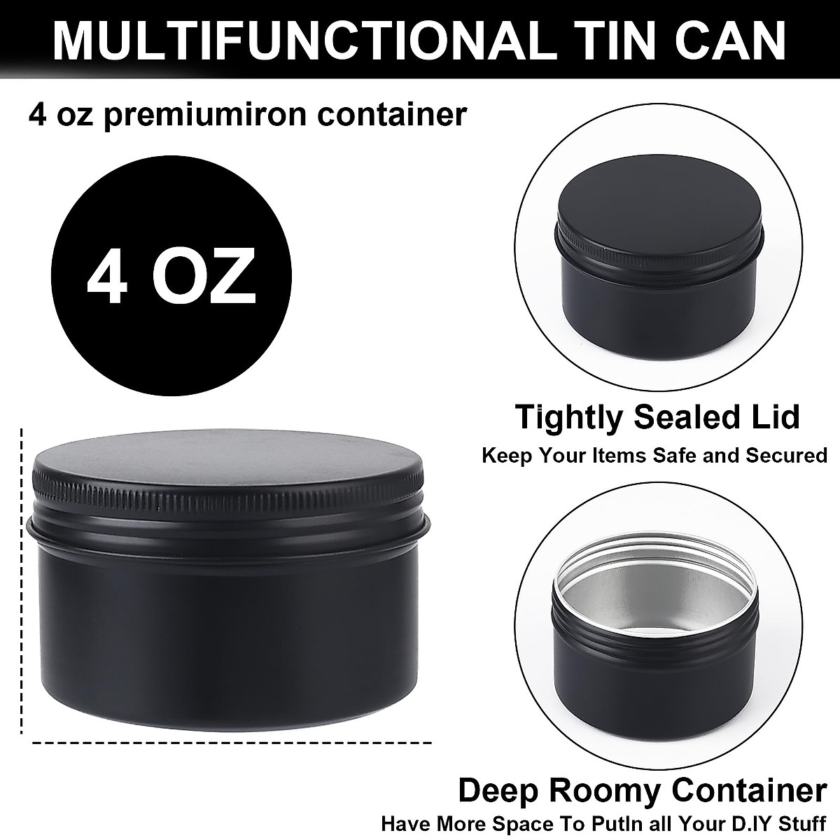 OBKJJ 64 Pack Round Cans with Screw Lid 4 Oz Aluminum Metal Tins DIY Food Candle Containers for Lotion Bars, Balms, Salve, Spices, Beard Balm, Crafts with 4 Markers 2 Sheets Label Stickers (Black)