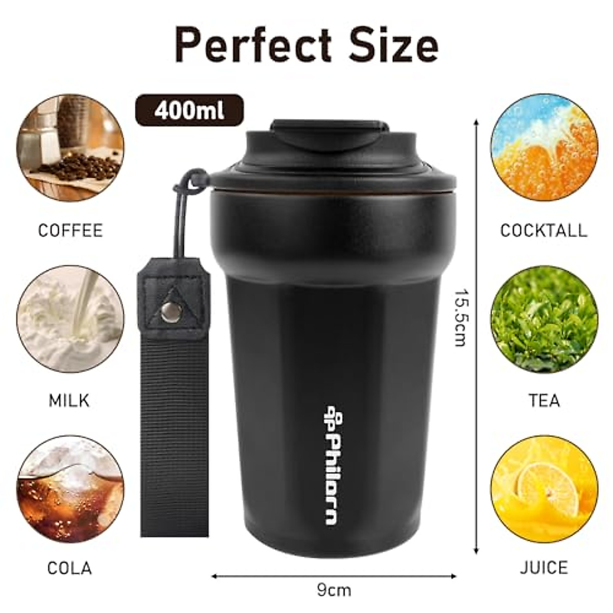 PHILORN Coffee Tumbler Leak Proof -14 oz Insulated Coffee Mug with Lid, Reusable Coffee Cup for Hot and Cold Drinks, Thermal Cup Stainless Steel Coffee Mug with Double Wall