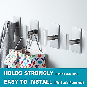 JAAWAN (4-Pack) Adhesive Towel Hooks Square Stainless Steel Adhesive Wall Hooks for Bathroom Kitchen Hanging Hats, Coats, Clothes (Brushed Nickel)