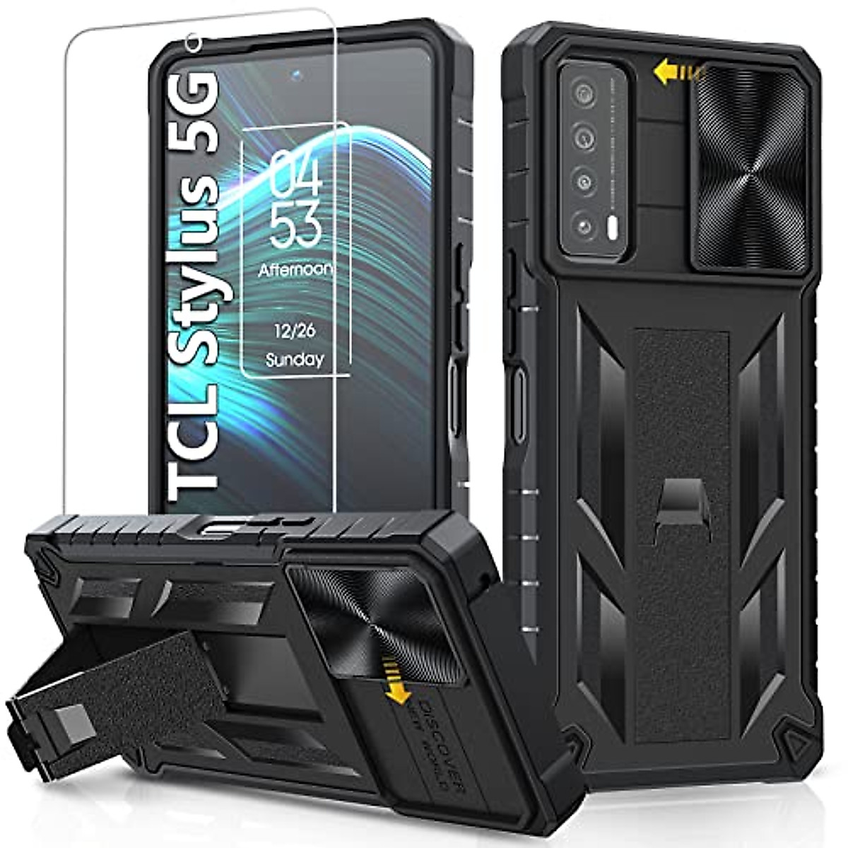 Case Designed for TCL Stylus 5G: Military-Grade Drop Proof Protection Rugged Protective Cell Phone Cover with Built in Kickstand & Slide - Shockproof TPU Matte Textured Bumper Armor Design - Black